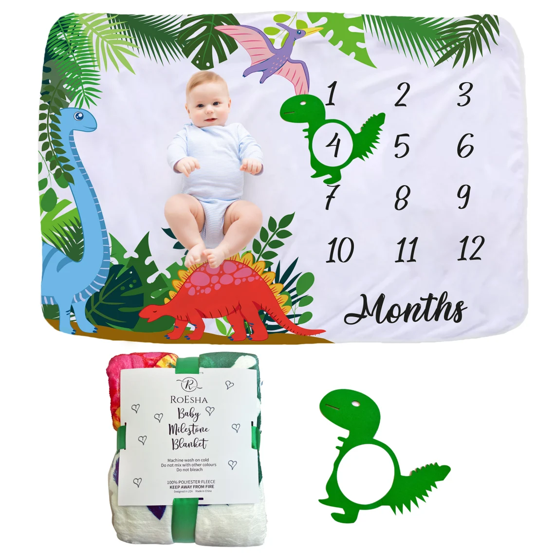 Dinosaur Baby Monthly Milestone Blanket for Boy and Girl - RoEsha